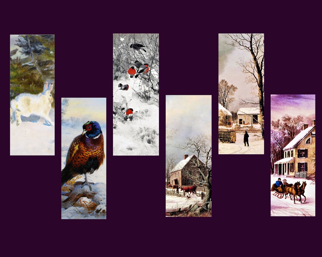 6 Printable Bookmarks, Winter Themed Digital Bookmarks, Vintage ...