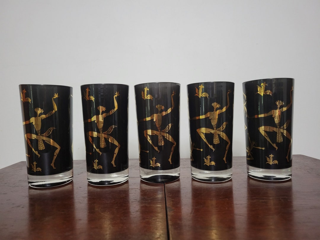 Set of 5 EUC Josephine Baker Black Frosted & Gold Bar Glasses Federal ...
