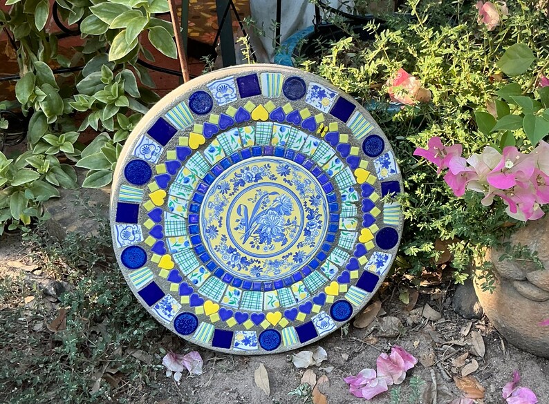 14” Mosaic Stepping Stone “blue & Yellow Spode A” #205 - Etsy