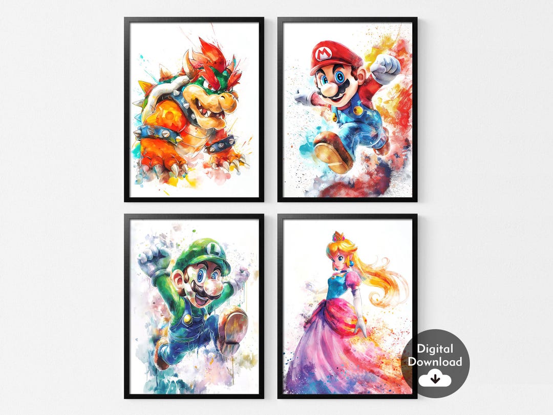 Set of 4 Super Mario Watercolor Prints,super Mario Printable，mario Wall ...
