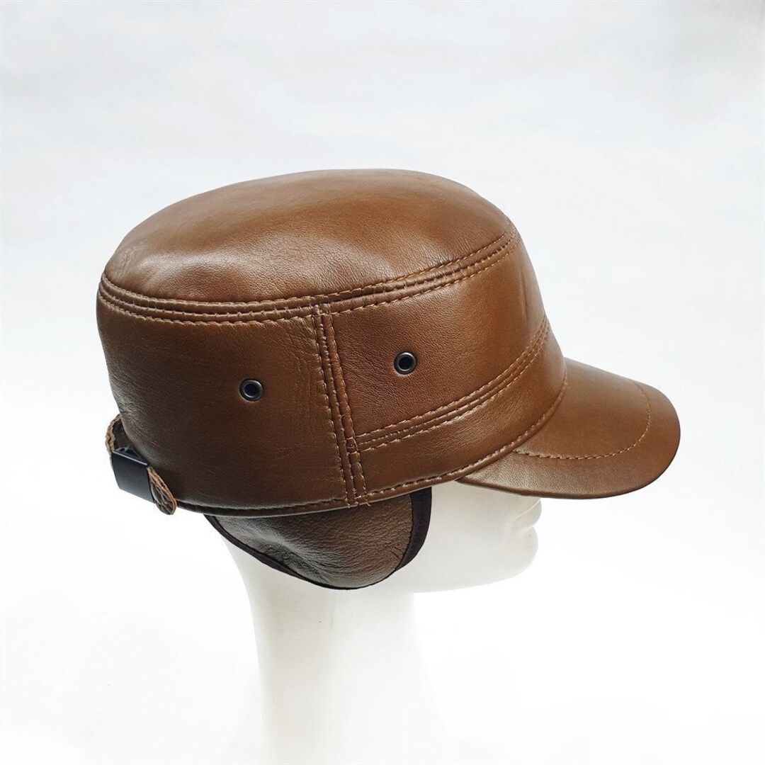 TAN Leather Castro Cap With Earflap Genuine Leather Flat Top - Etsy