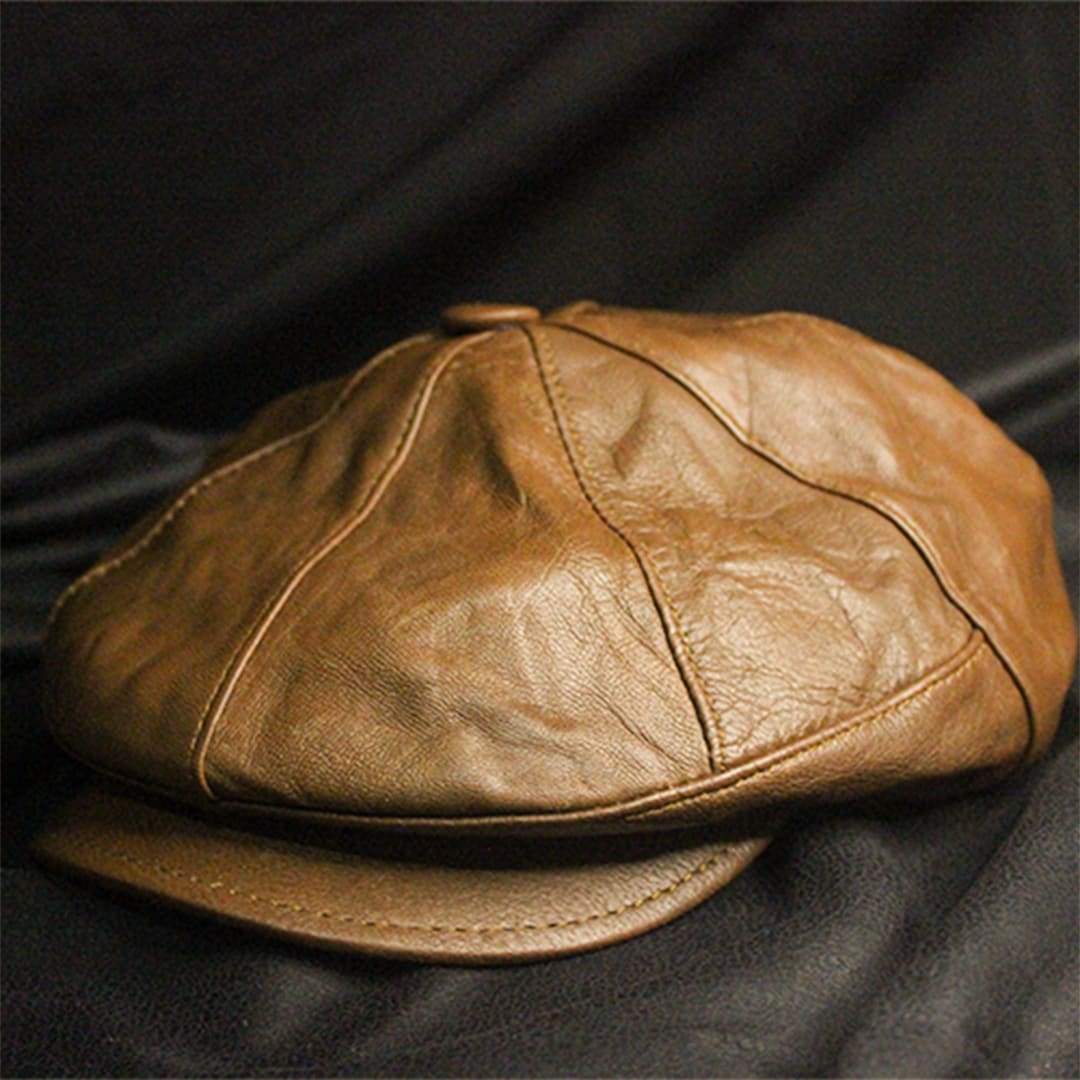 TAN Genuine Leather Cap Leather 8 Panel Riders Cap Leather Newsboy Cap ...