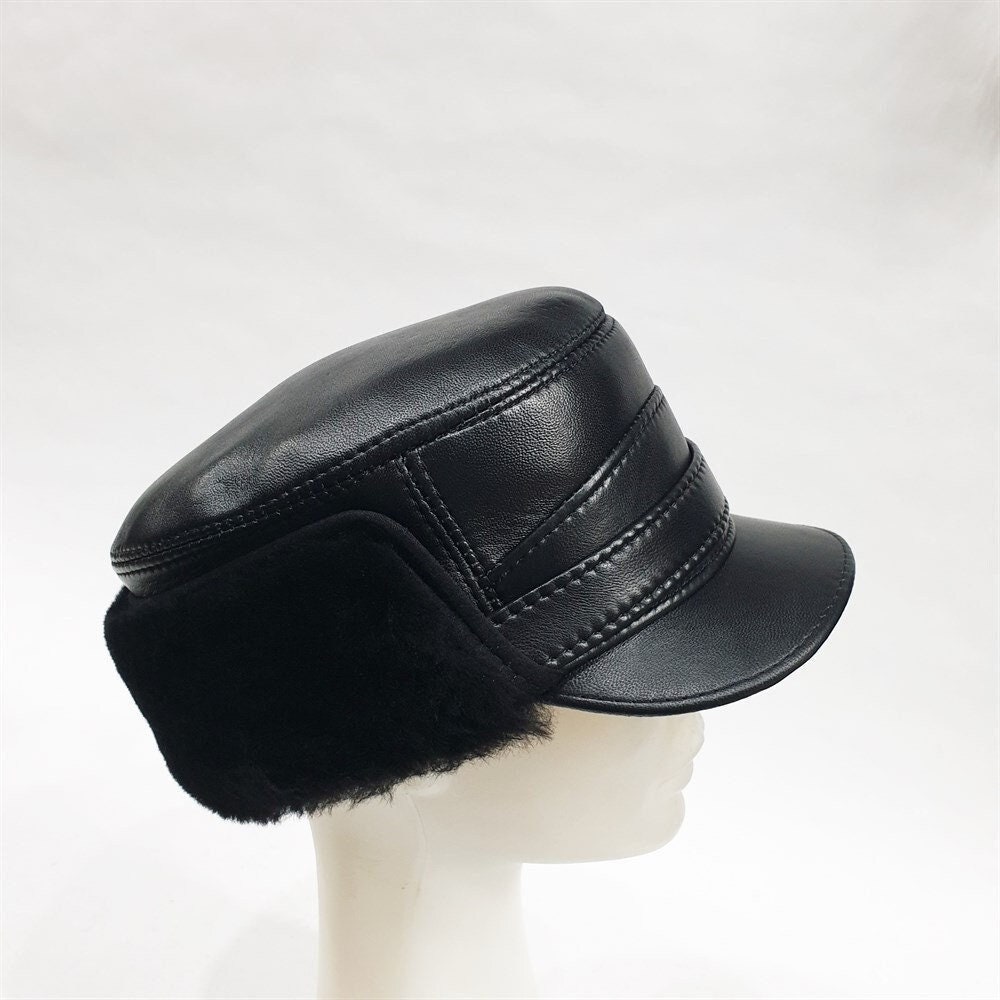 Leather Cap With Ear Flaps, Genuine Leather Cap, Baseball Cap, Men ...