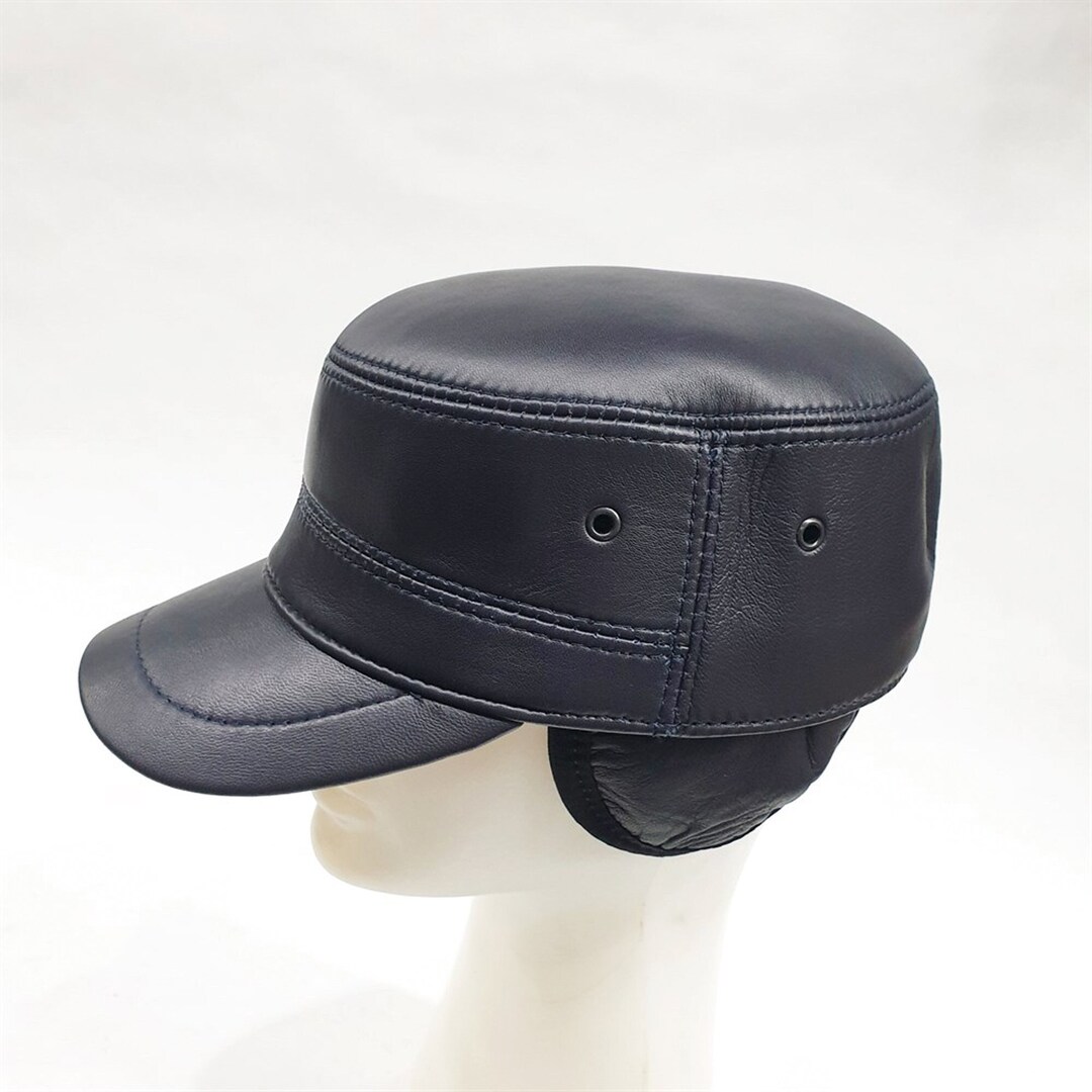 BLACK Leather Castro Cap With Earflap Genuine Leather Flat Top - Etsy