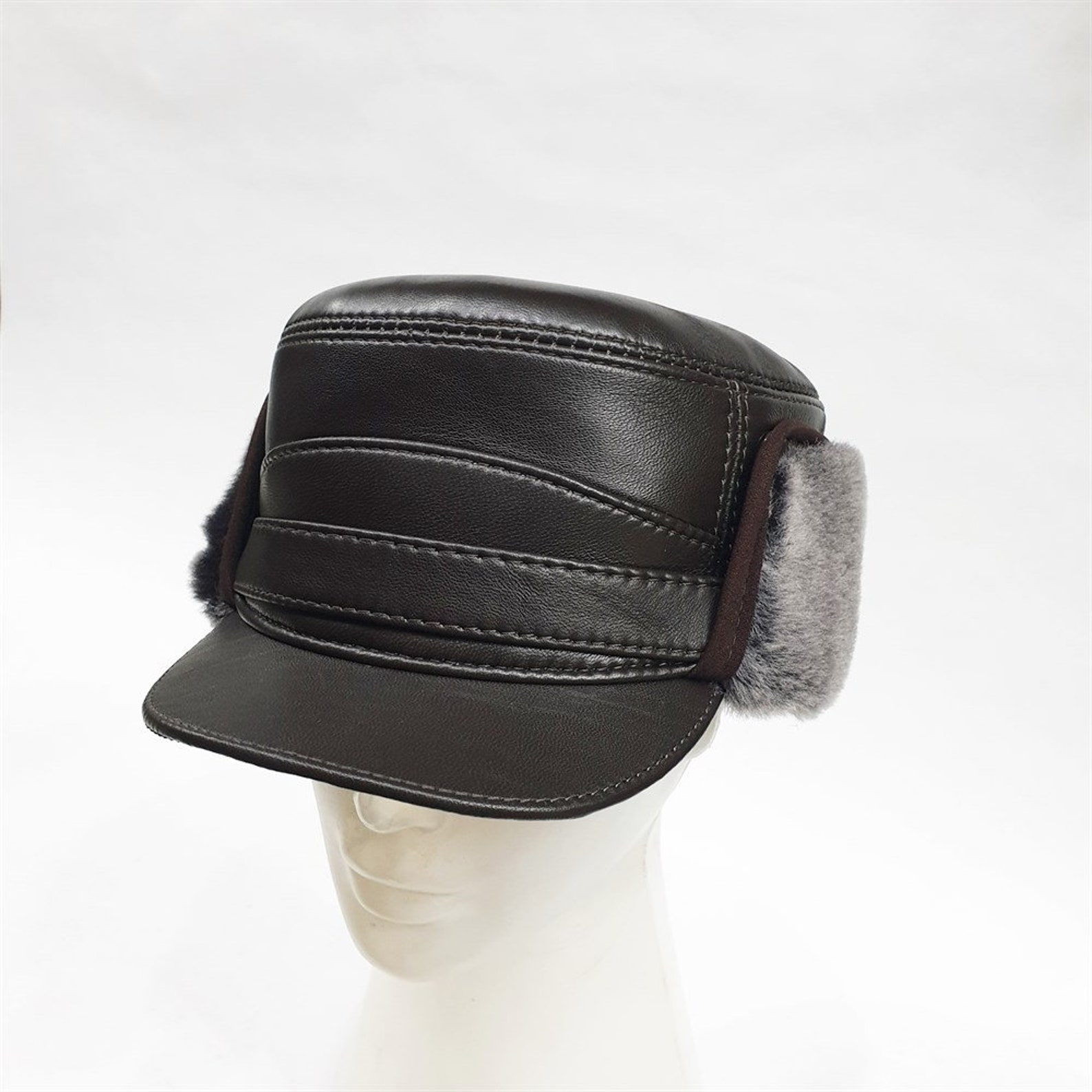 Leather Cap With Ear Flaps, Genuine Leather Cap, Baseball Cap, Men ...