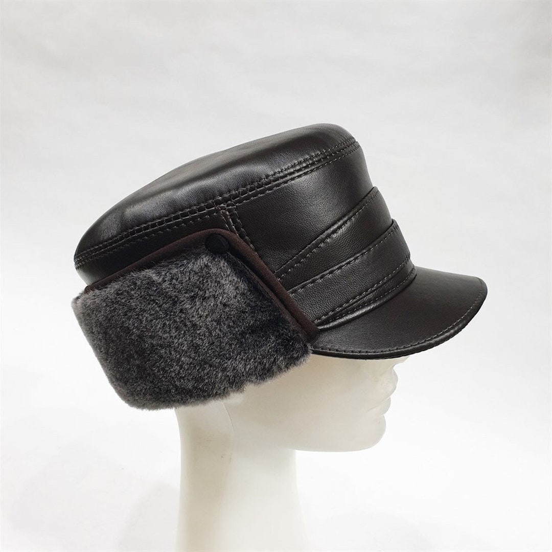 Leather Cap With Ear Flaps, Genuine Leather Cap, Baseball Cap, Men ...