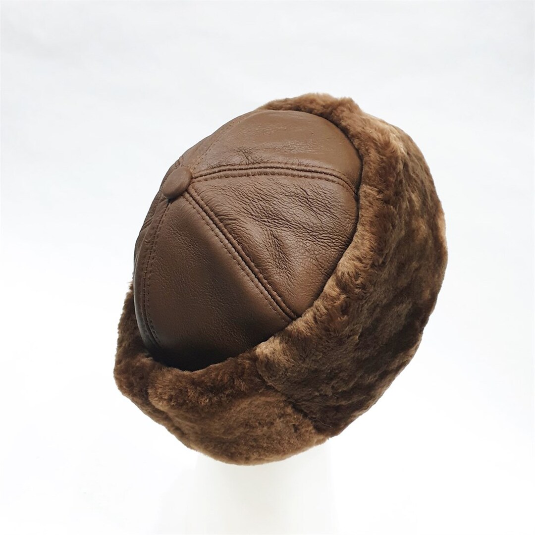 BROWN Unisex Shearling Sheepskin Winter Fur Beanie Hat Hunter Hat ...