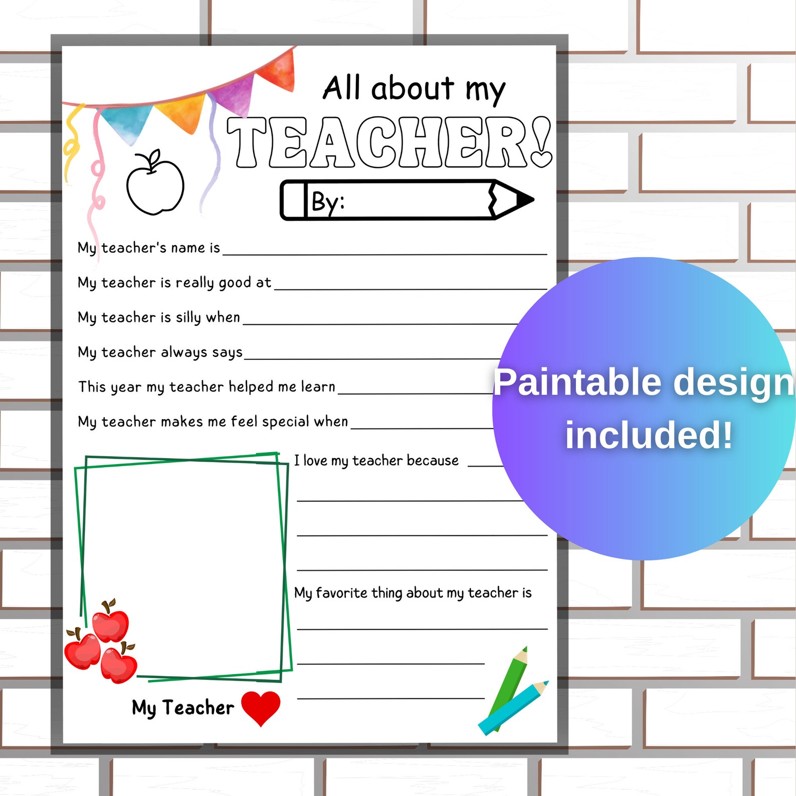All About My Teacher Coloring Page Teacher Appreciation Week - Etsy