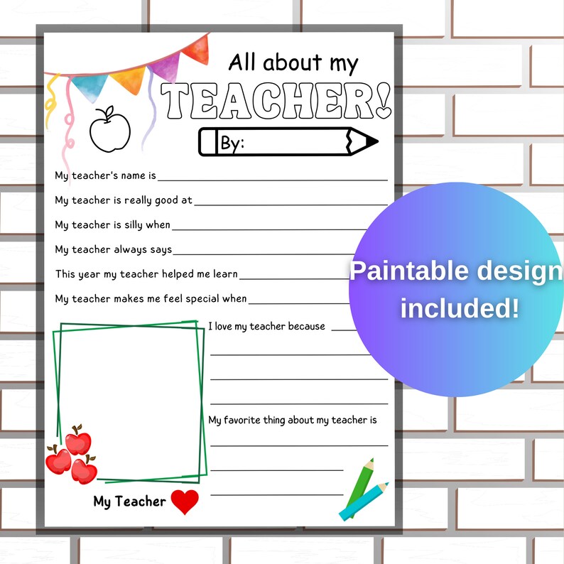 All About My Teacher Coloring Page Teacher Appreciation Week - Etsy