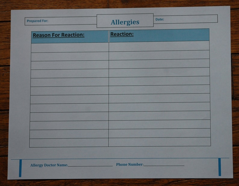 Template. Allergy, Medical, Health, Allergy List - Etsy