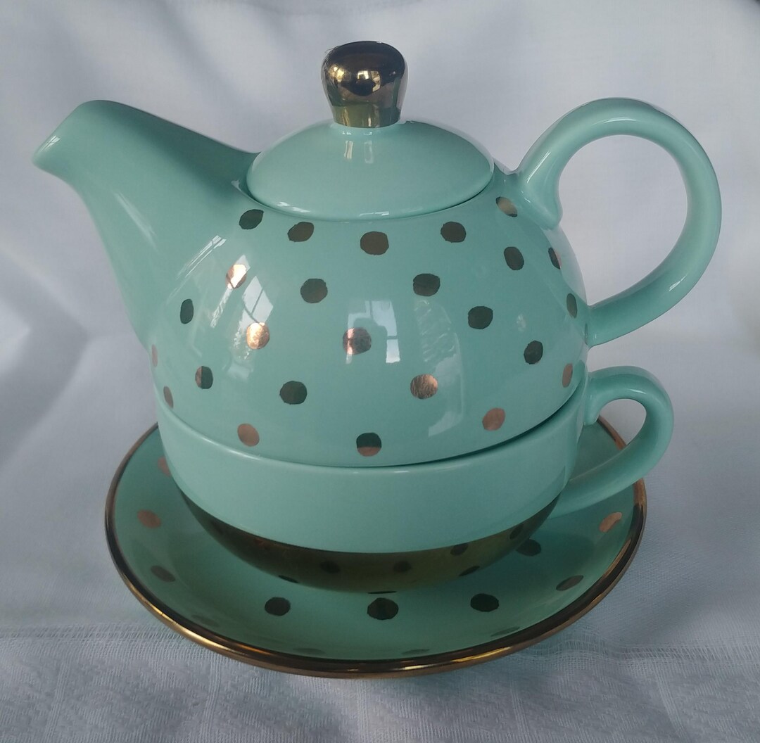 Vintage Pinky up Pale Green and Gold Stackable Tea Pot Set, Polka Dot ...