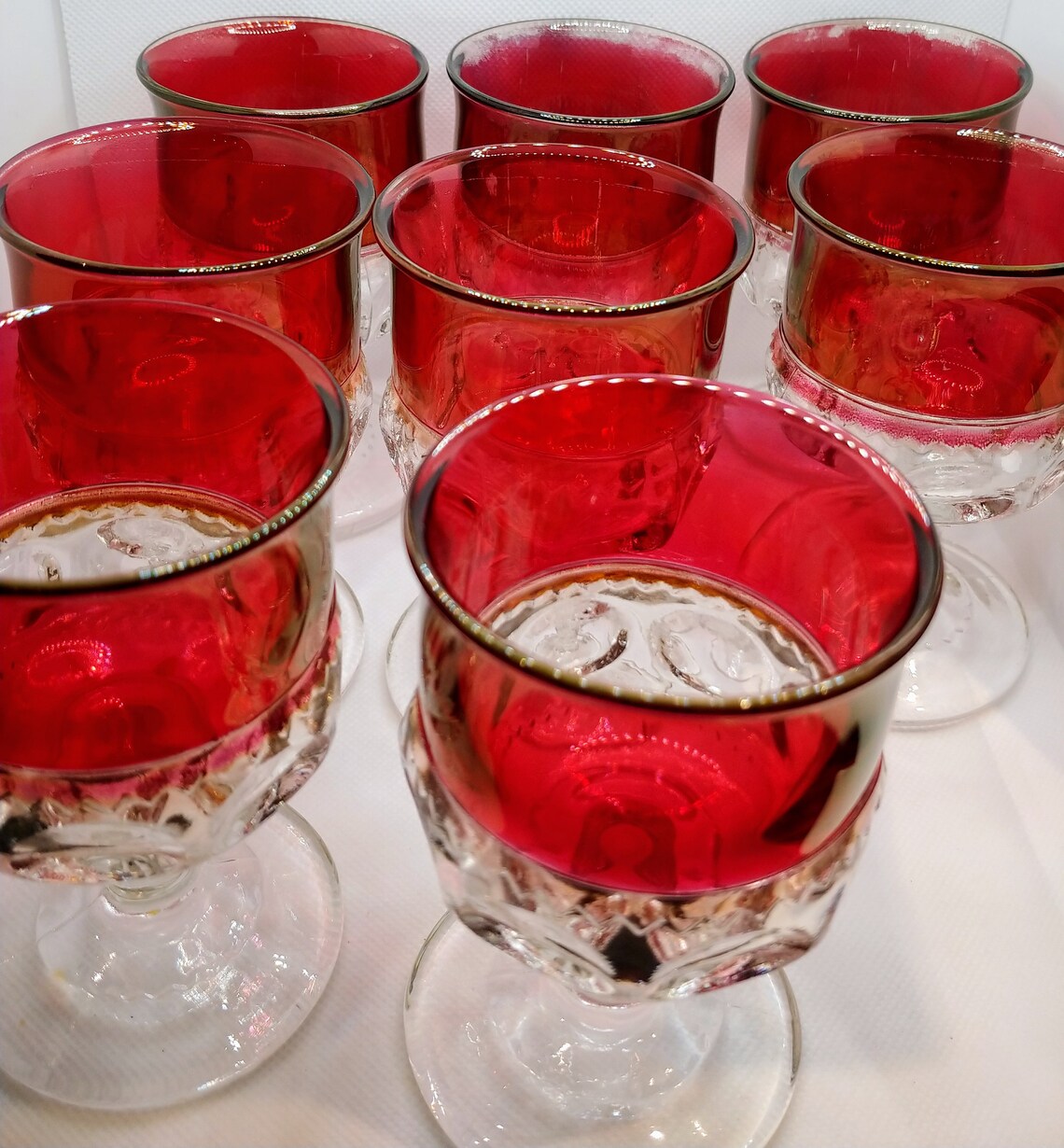 Vintage Set of 10 Indian Glass Thumbprint Goblets With Cranberry Rimmed ...