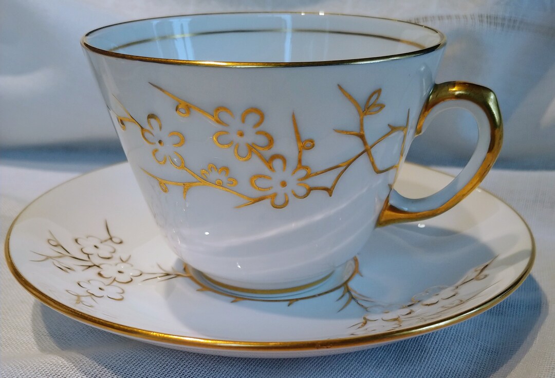 Vintage Spode Tea Cup and Saucer: Blanche De Chine Gold White, England ...