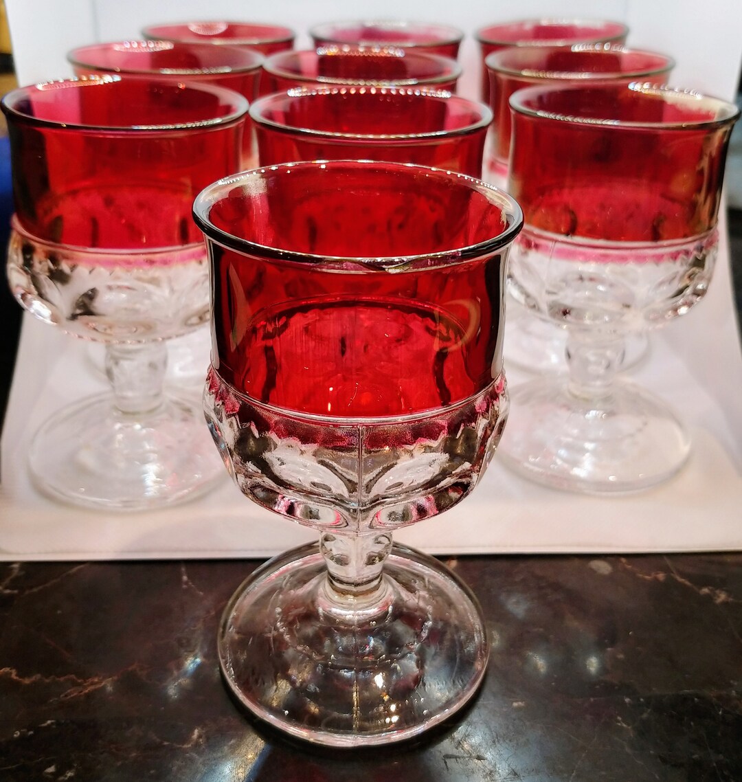Vintage Set of 10 Indian Glass Thumbprint Goblets With Cranberry Rimmed ...