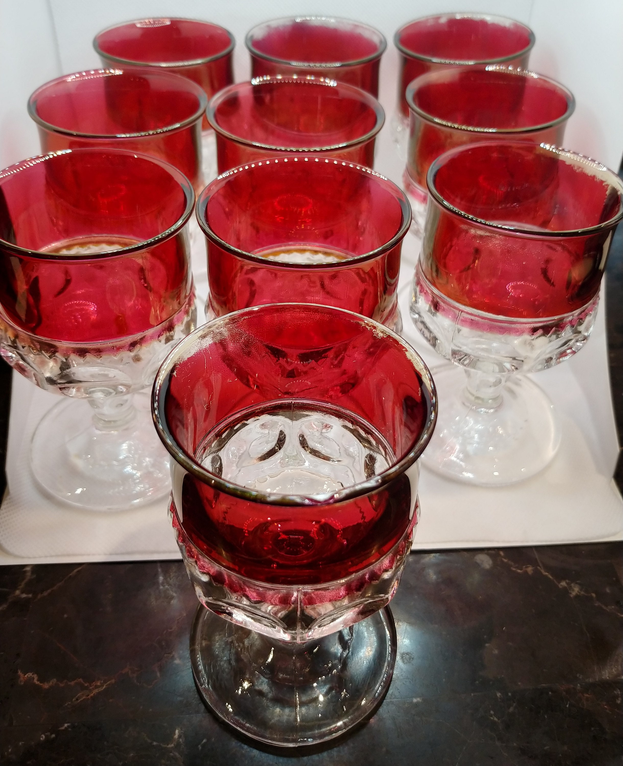 Vintage Set of 10 Indian Glass Thumbprint Goblets With Cranberry Rimmed ...