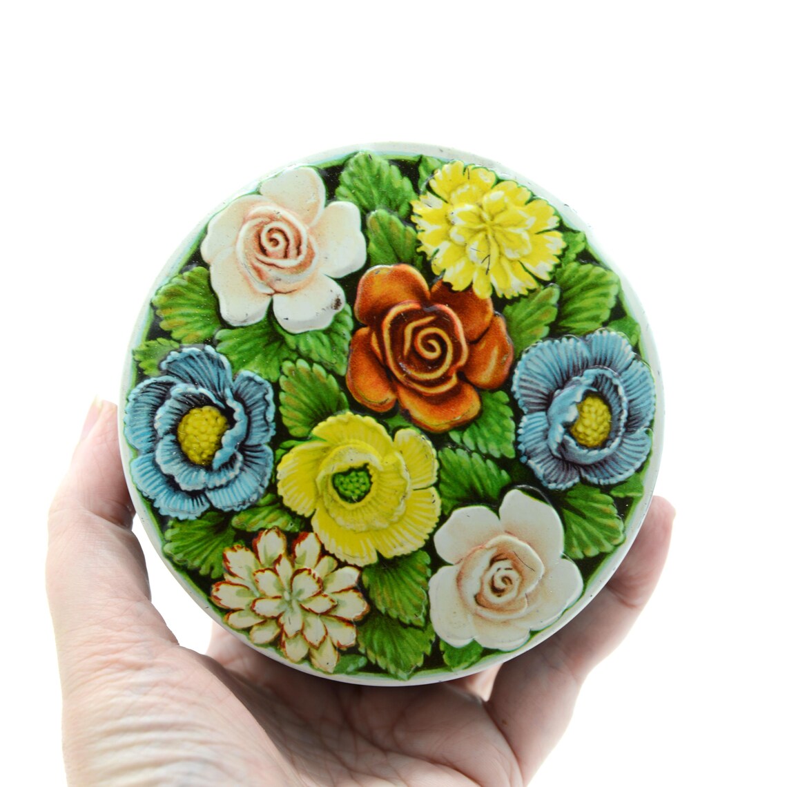 Vintage Riley’s Toffee Tin, Floral Embossed Candy Container, Round Blue ...
