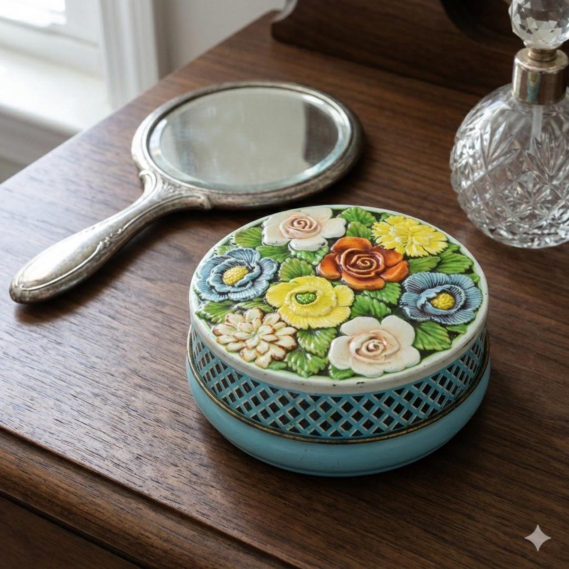 Vintage Riley’s Toffee Tin, Floral Embossed Candy Container, Round Blue ...
