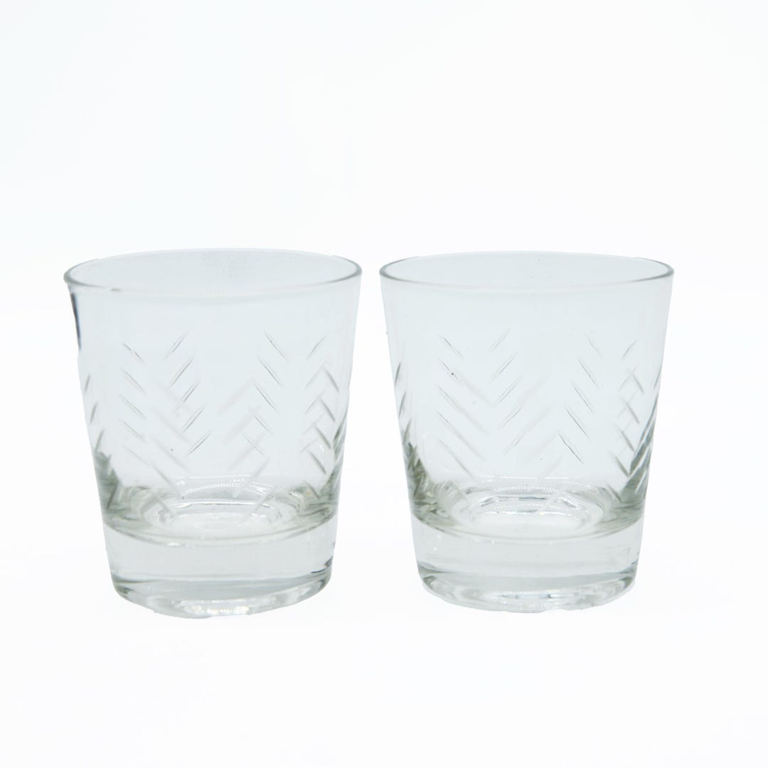 Vintage Javit Rain Old Fashioned Glasses, Etched Chevron Barware Pair ...