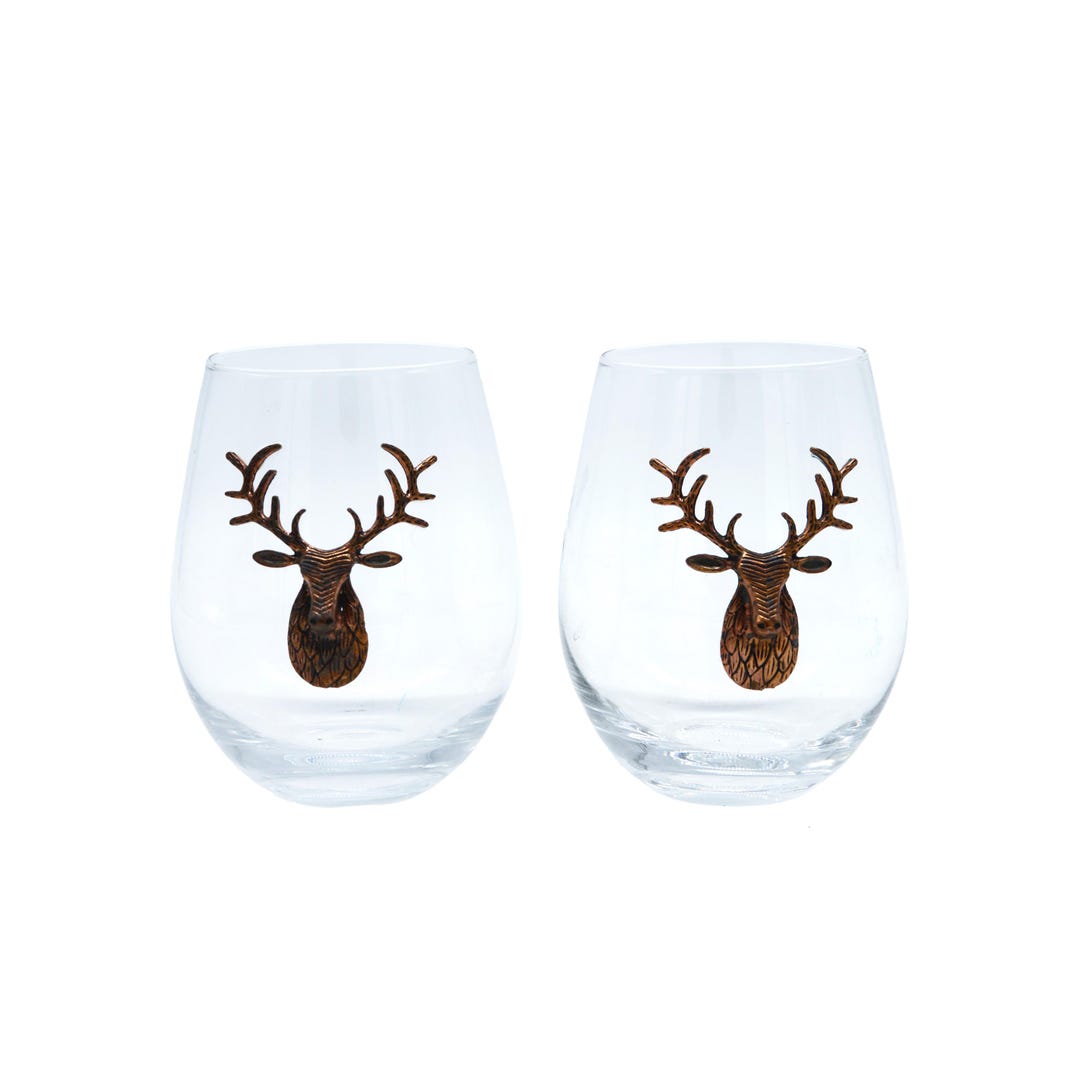Pair of Stag Head Stemless Wine Glasses, Rustic Metal Accent Glassware ...
