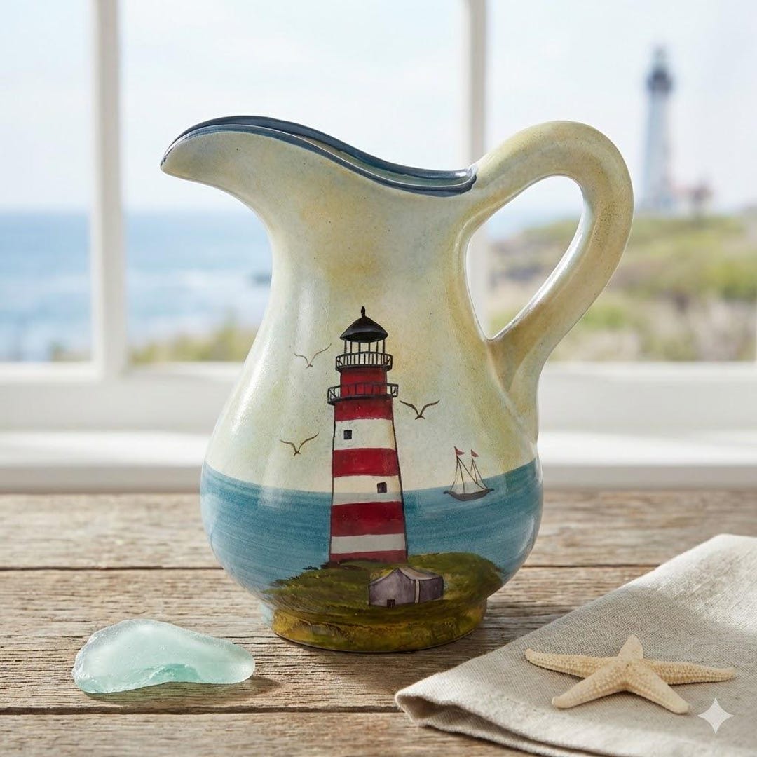 Coastal Nautical Pitcher Decor, Lighthouse Ceramic Jug, Red Stripe ...