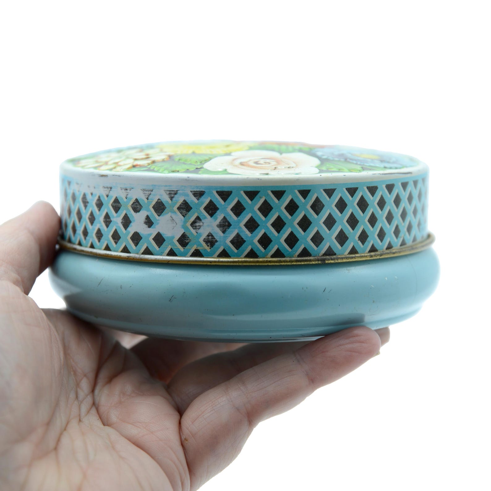 Vintage Riley’s Toffee Tin, Floral Embossed Candy Container, Round Blue ...
