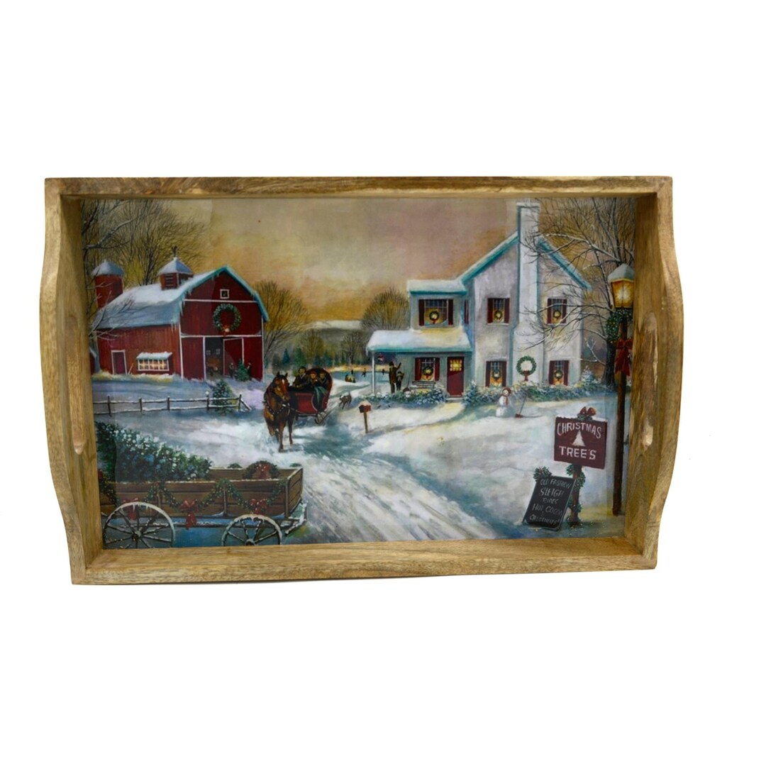 Vintage Christmas Farmhouse Scene Serving Tray | Rustic Winter ...