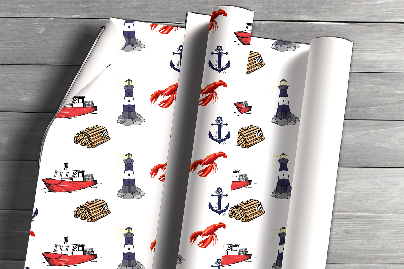 Coastal Lighthouse Wrapping Paper, Lobster Fishing Gift Wrap, Nautical ...