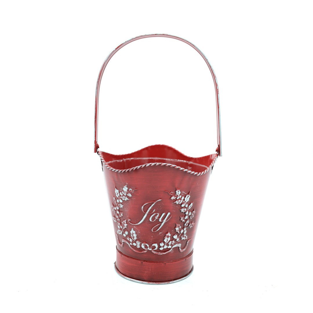 Rustic Farmhouse Christmas, Vintage Red Metal Joy Bucket With Handle ...