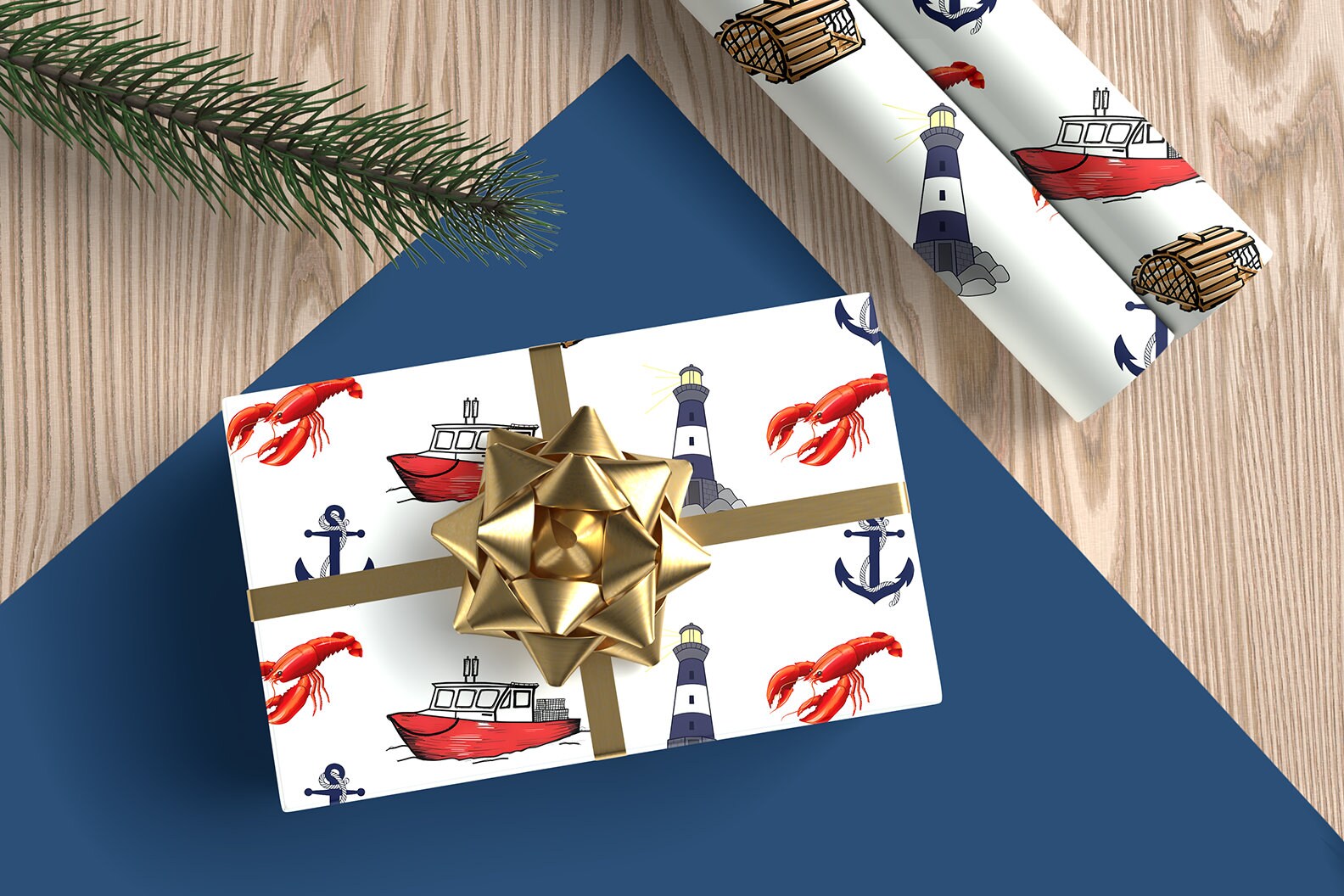 Coastal Lighthouse Wrapping Paper, Lobster Fishing Gift Wrap, Nautical ...