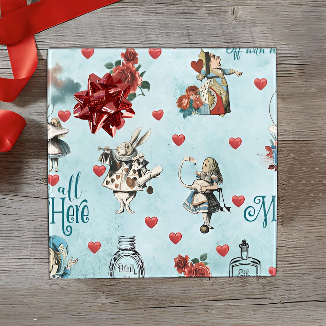 Alice in Wonderland Print Wrapping Paper Soft Turquoise Blue, Queen of ...