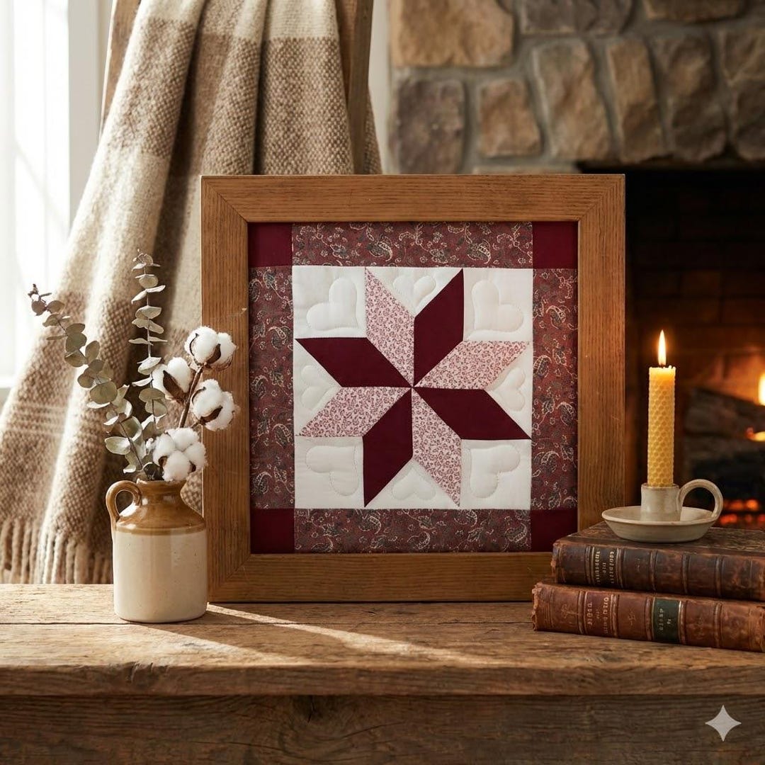 Framed Quilt Wall Art, Barn Quilt Decor, Cottagecore Wall Hanging, Star ...