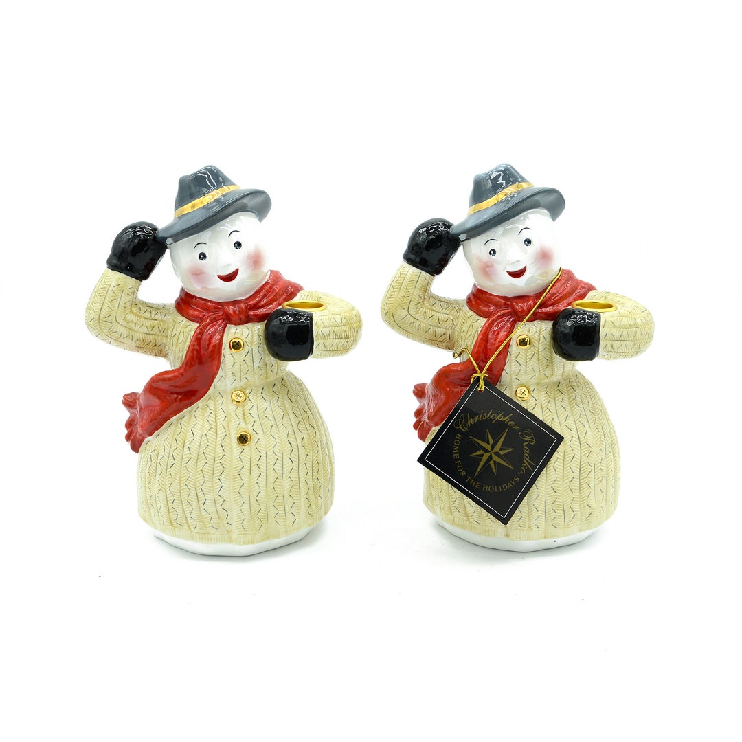 Pair of Christopher Radko Shiny Brite Snowman Candleholders in Box ...