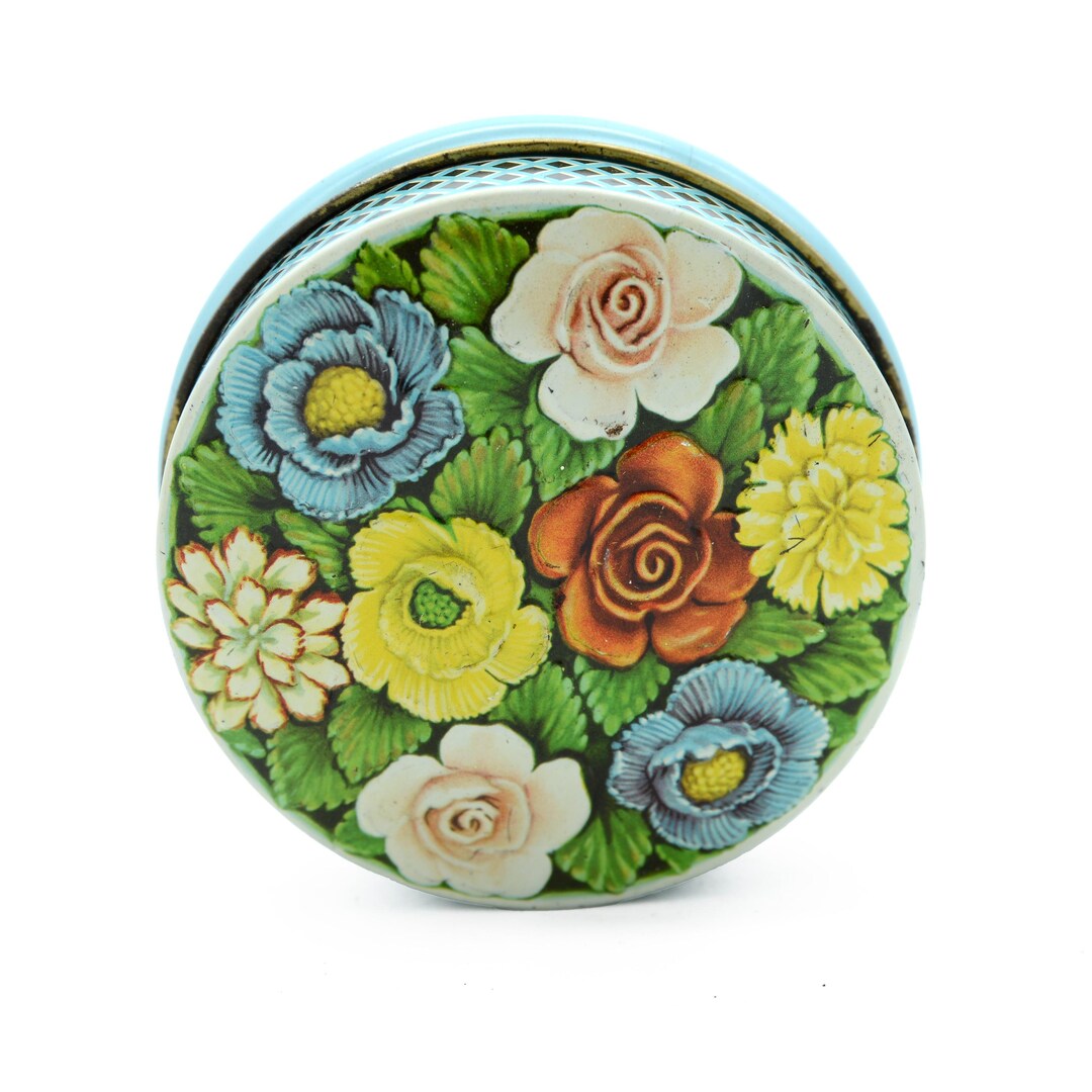Vintage Riley’s Toffee Tin, Floral Embossed Candy Container, Round Blue ...