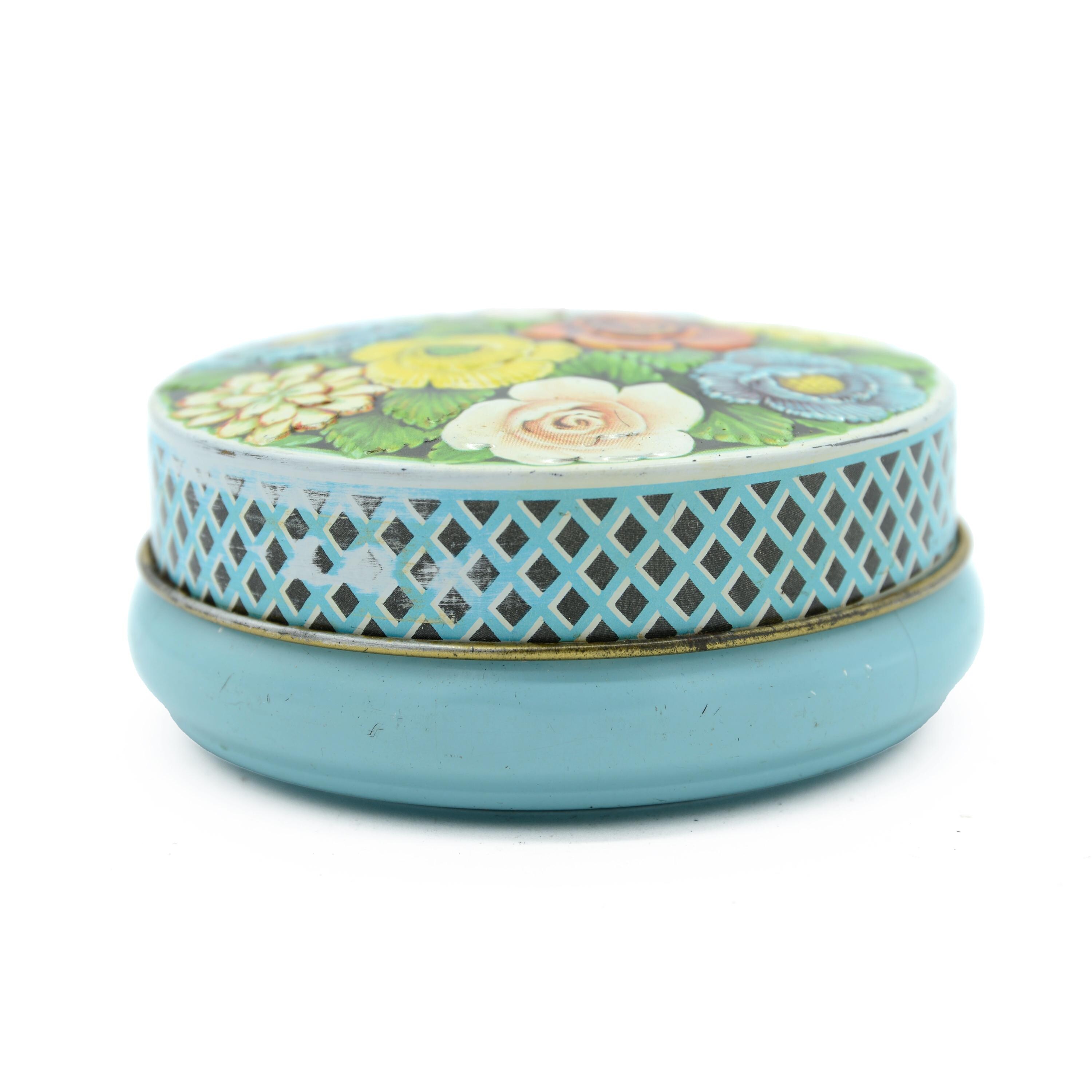 Vintage Riley’s Toffee Tin, Floral Embossed Candy Container, Round Blue ...