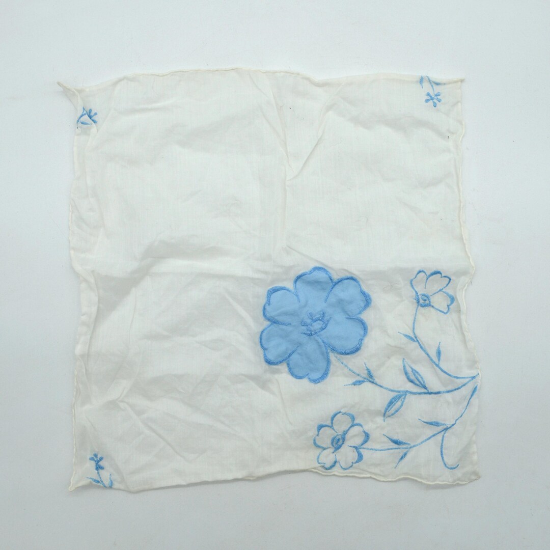 Vintage Blue Floral Handkerchief, Embroidered Appliqué Hankie ...