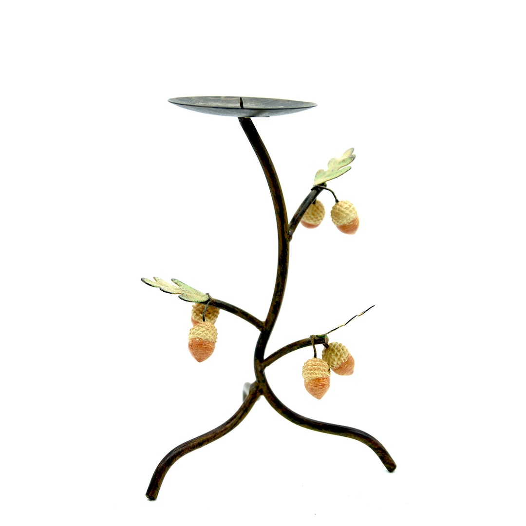 Metal Oak Leaf and Acorn Pillar Candleholder | Tea Light Votive Candle ...