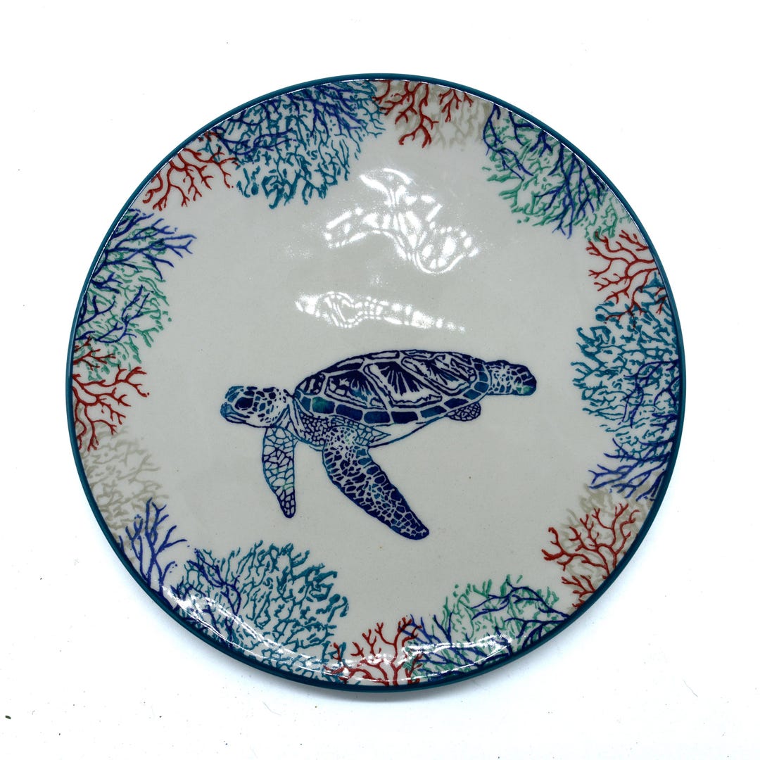 Hand Painted Sea Turtle Dinner Plate, Coastal Dinnerware, Coral Reef ...