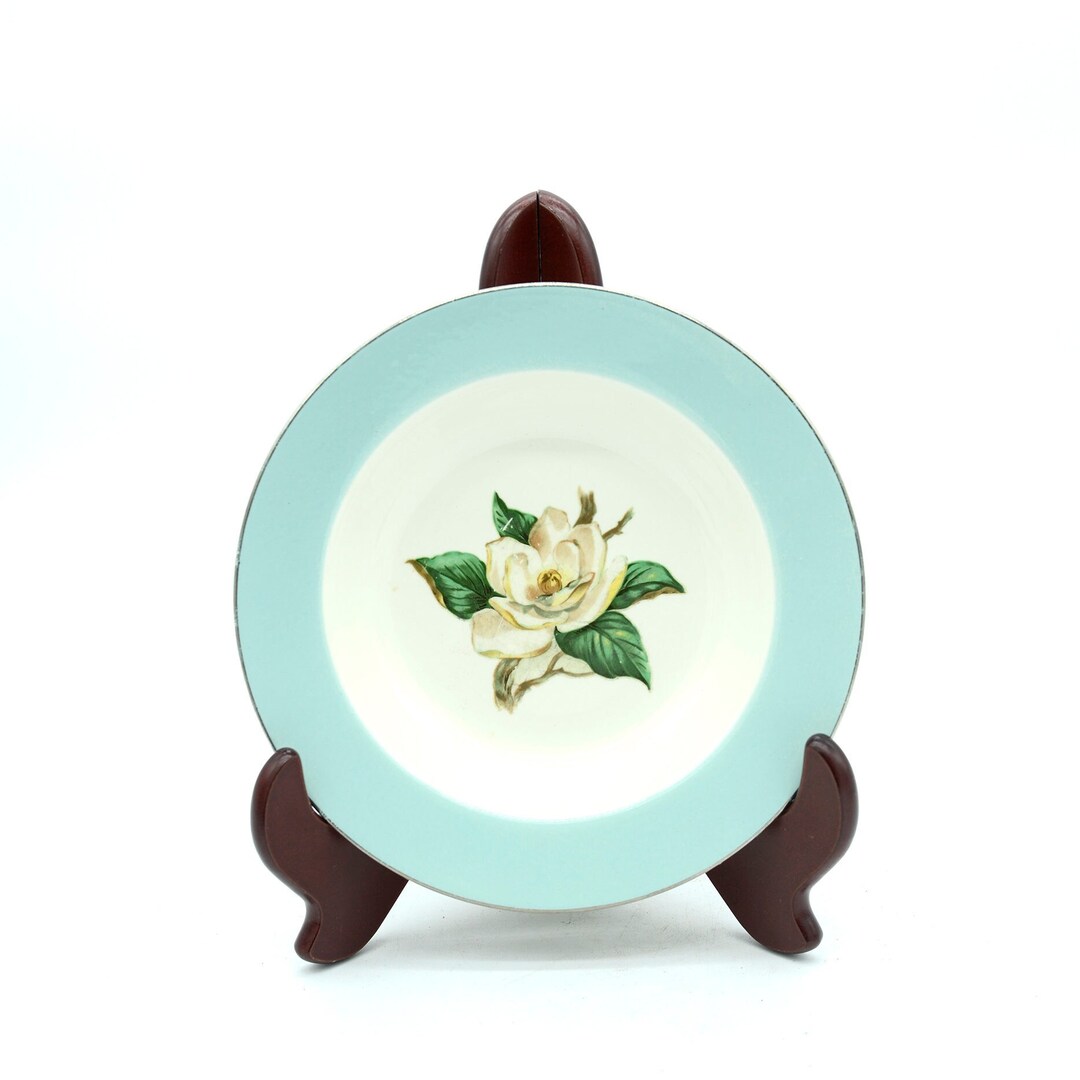 Cottagecore Turquoise Magnolia Soup Bowl, Vintage Floral Dinnerware ...