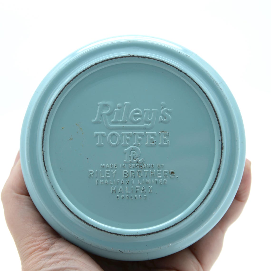 Vintage Riley’s Toffee Tin, Floral Embossed Candy Container, Round Blue ...
