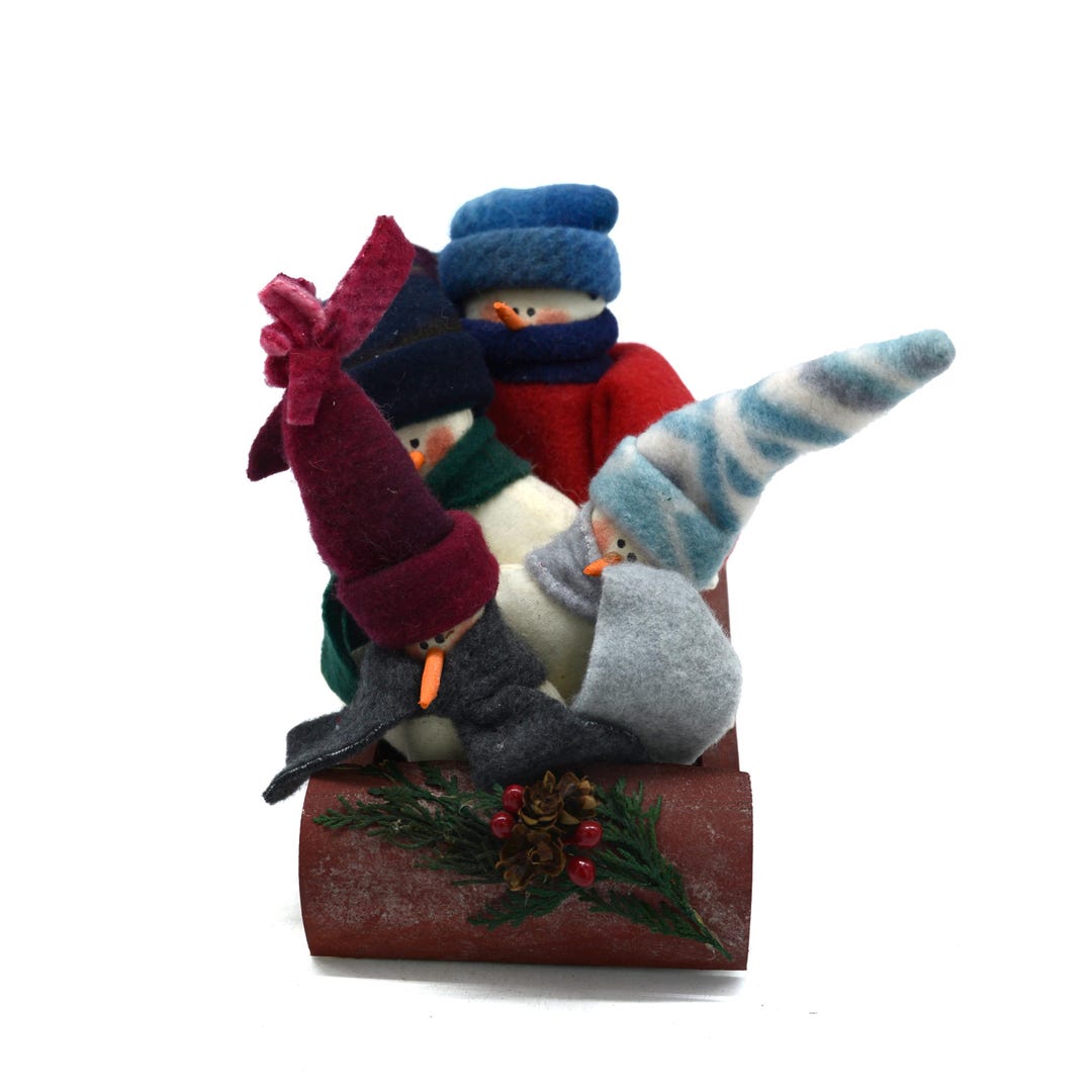 Vintage Plush Snowmen in Toboggan, Primitive Folk Art Christmas Shelf ...