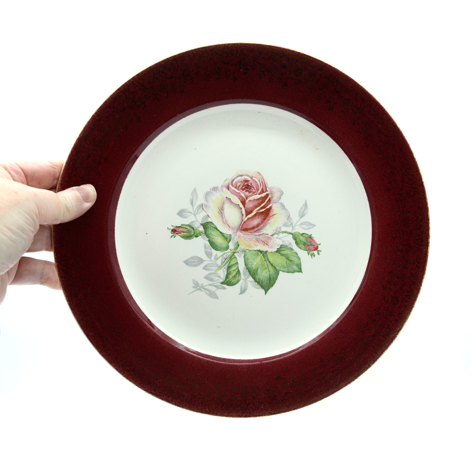 Vintage Rose Dinner Plate, Salem Princess Jane, Burgundy and Gold ...