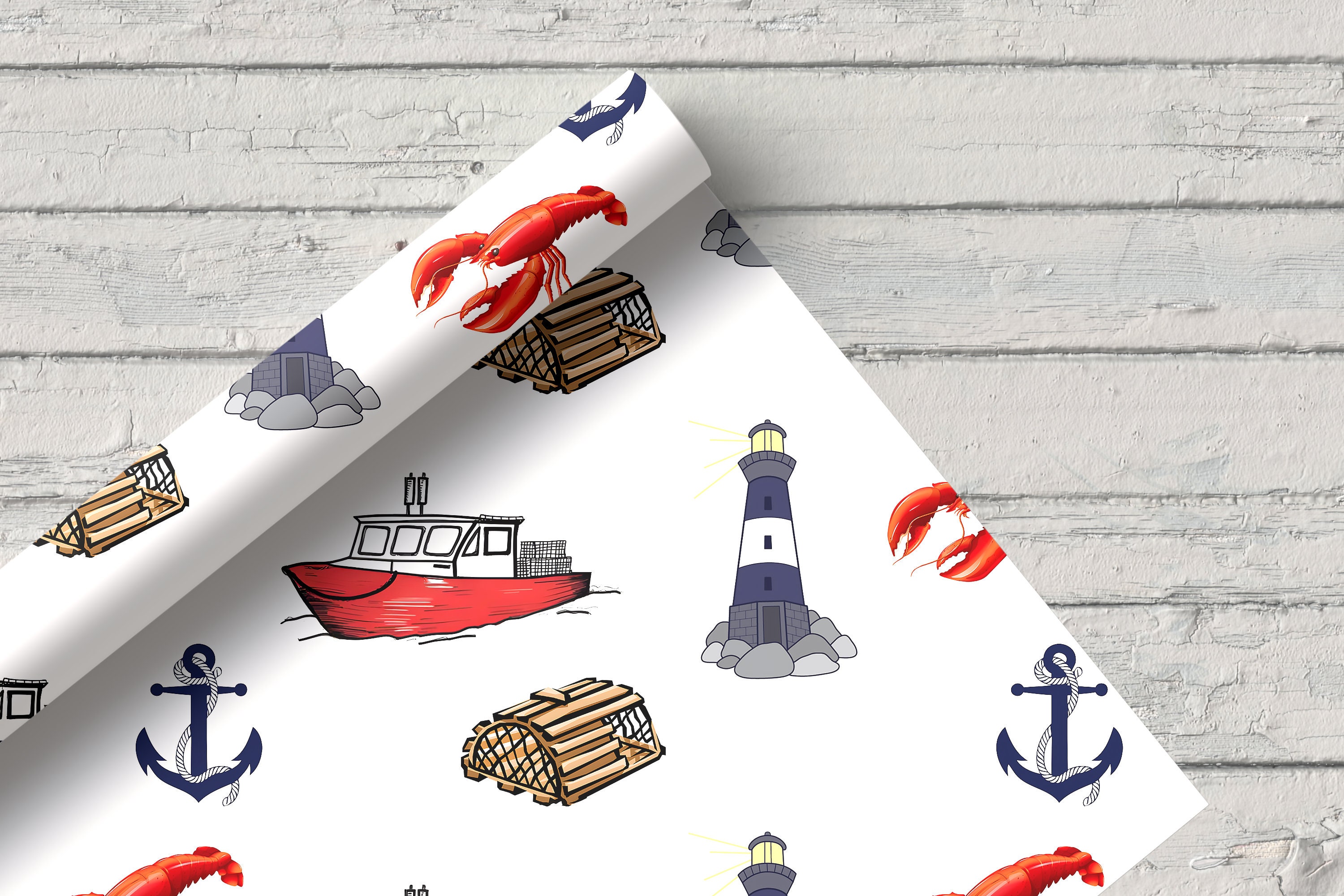 Coastal Lighthouse Wrapping Paper, Lobster Fishing Gift Wrap, Nautical ...