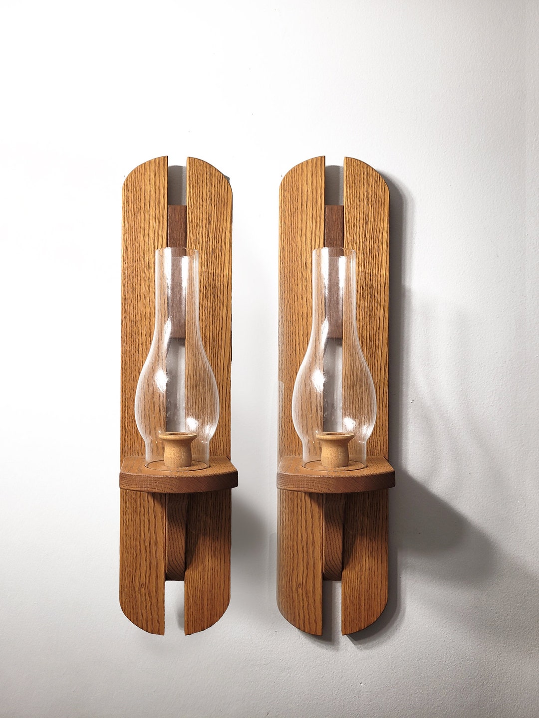 Rustic Wooden Wall Sconces With Glass Hurricanes Set of 2 | Large ...