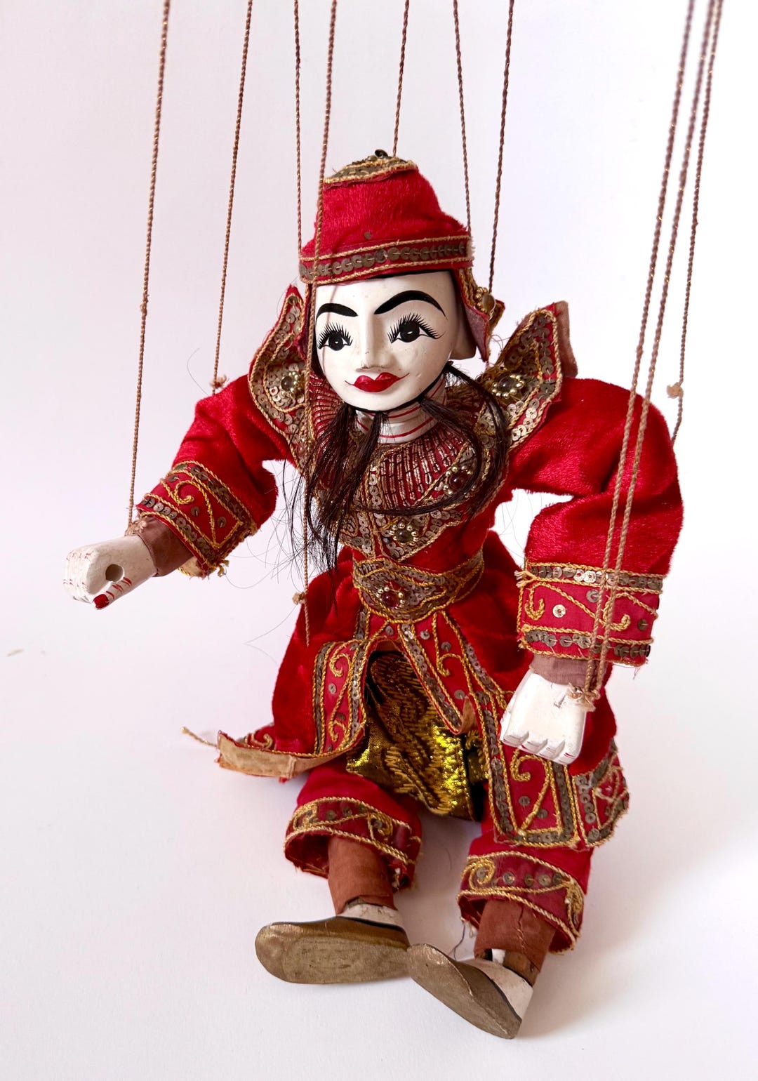Burmese Asian Puppet Marionette Carved Wood Hand Painted Puppet Royal H ...