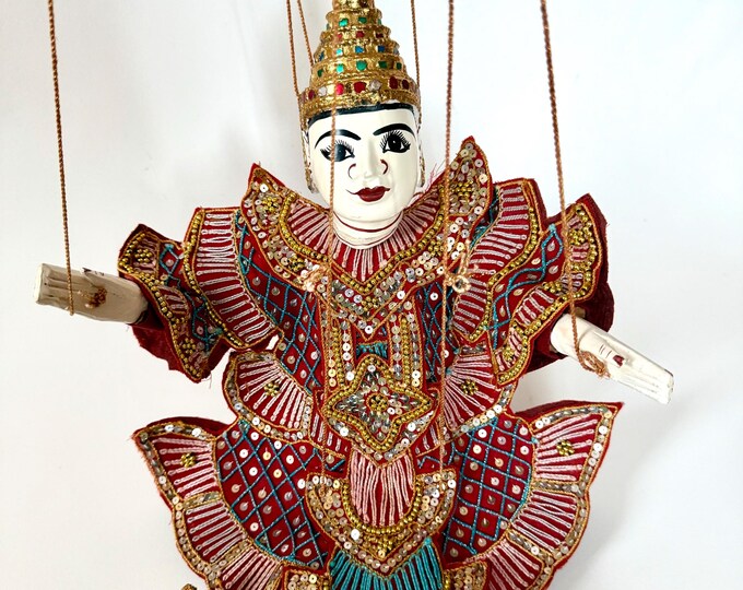 Burmese Asian Puppet Marionette Carved Wood Hand Painted Puppet Royal H ...