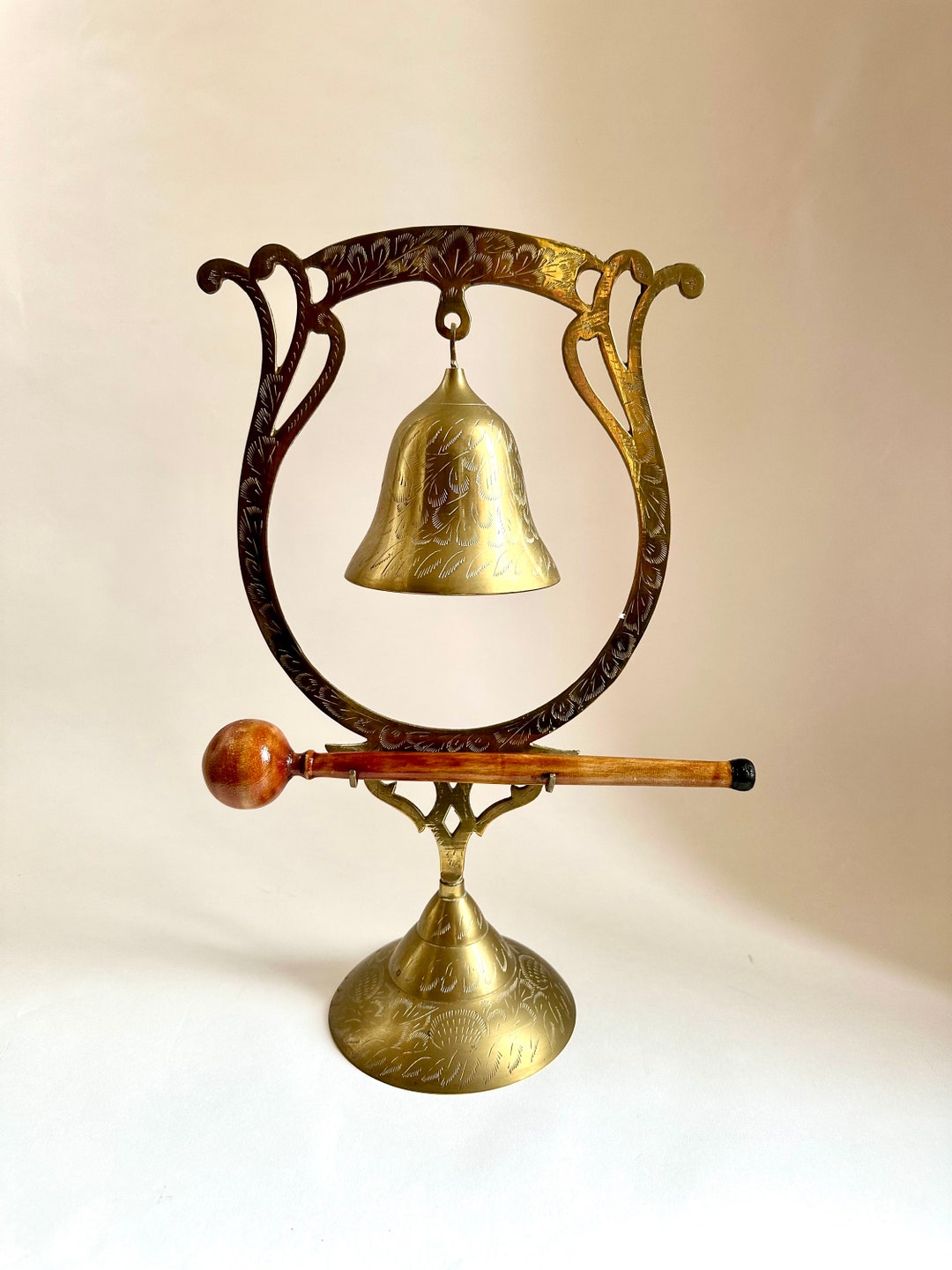 Vintage Large Brass Temple Bell Hanging From Tall Ornate Stand - Etsy