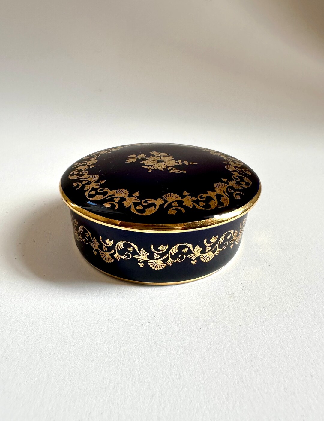 LIMOGES CASTEL France Cobalt Blue Gold Porcelain Jewelry Trinket Box ...