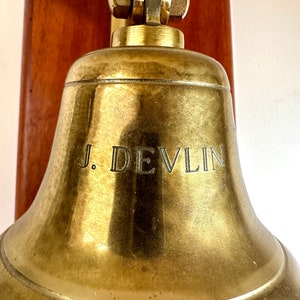 Brass Wooden Mounted Bell Engraved J.devlin Plaque Approx. 26cm X 12cm ...