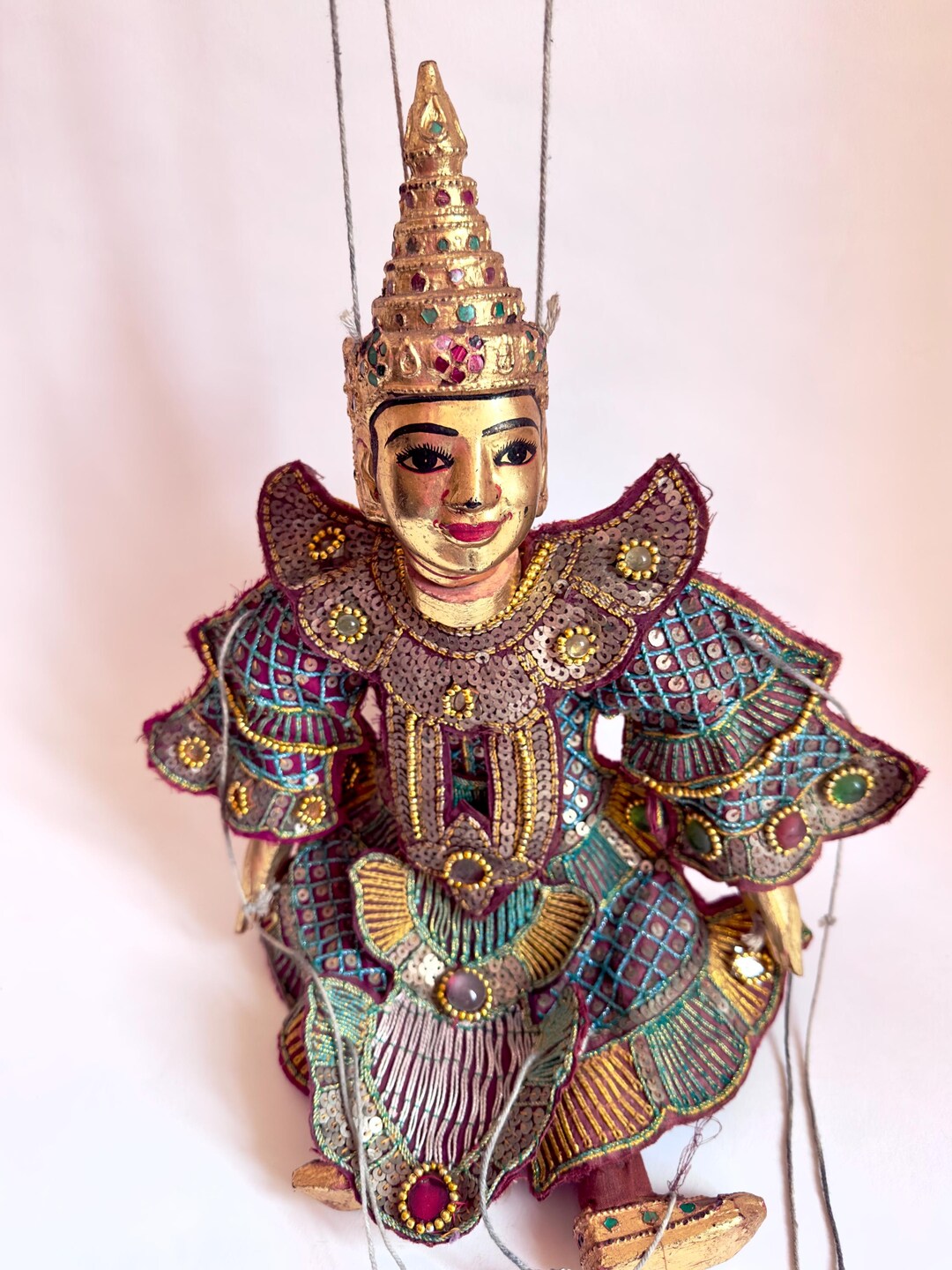 Burmese Asian Puppet Marionette Carved Wood Hand Painted Puppet Royal H ...