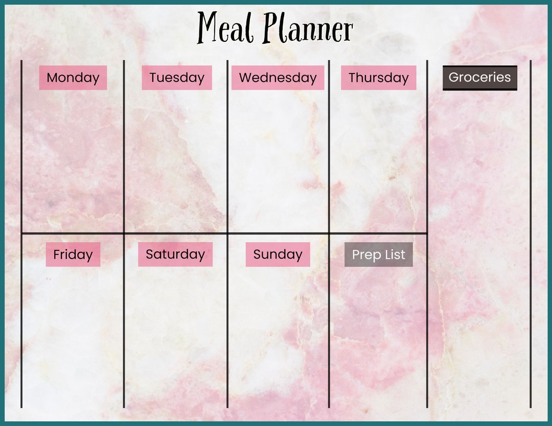 Digital Marble Pink Meal Planner Printable & Grocery List, Weekly Meal ...